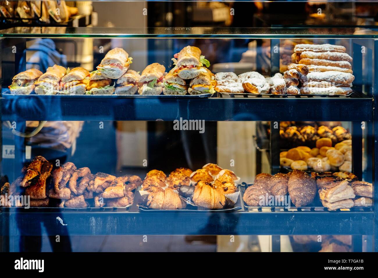 Delicious fresh sandwiches and sweet croissants and buns on the bakery ...