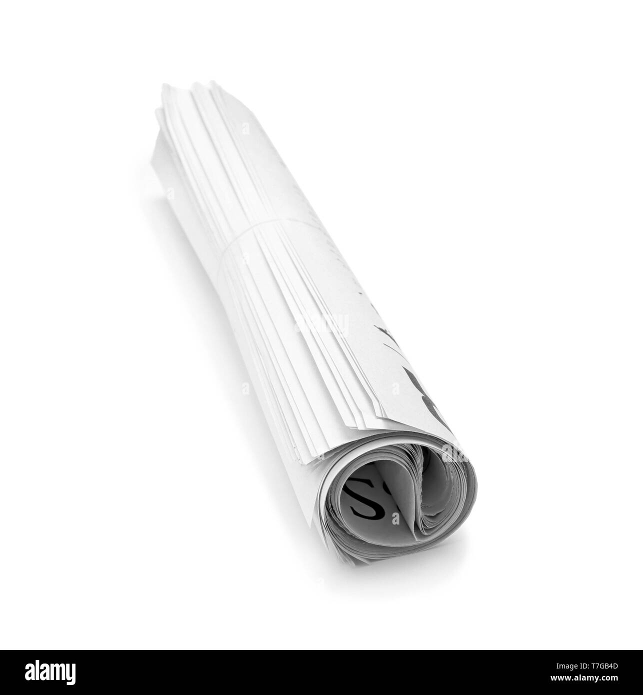 Rolled newspaper on white background Stock Photo - Alamy