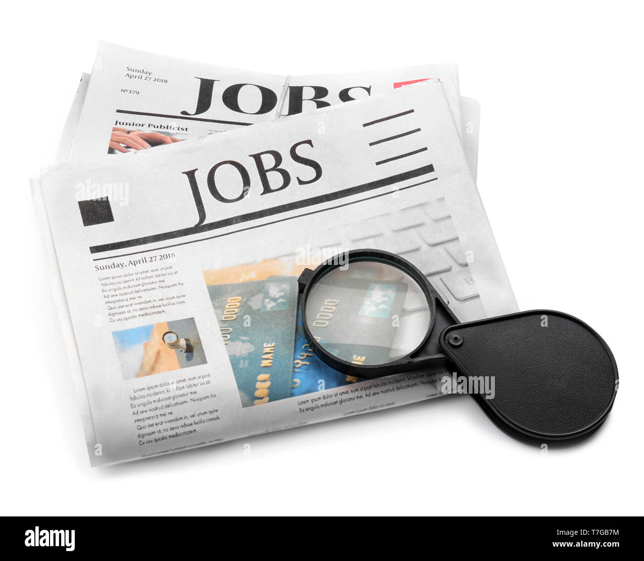 Magnifying glass with newspapers on white background Stock Photo - Alamy