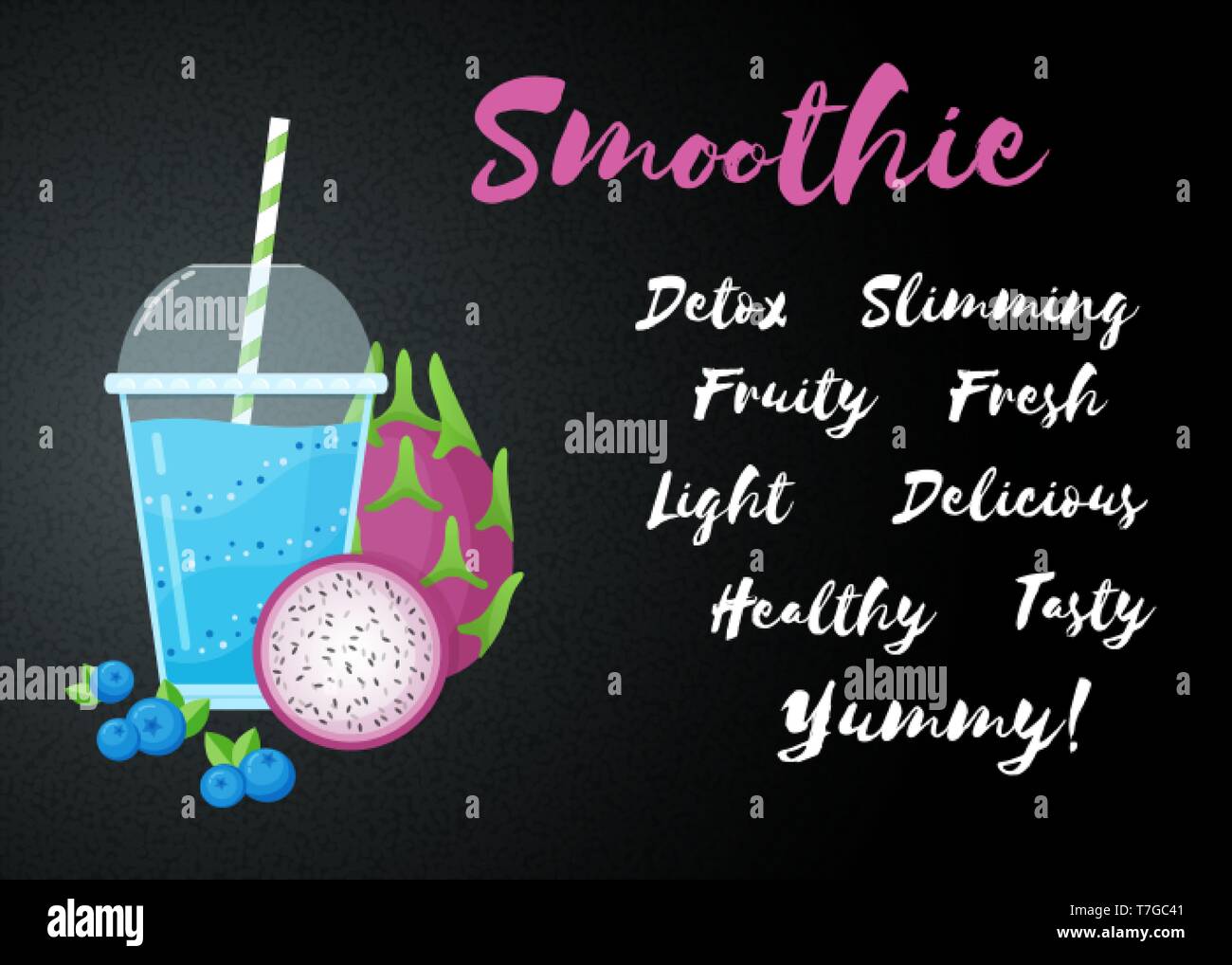 Blue smoothie fruit cocktail flat vector illustration. Big sign ...