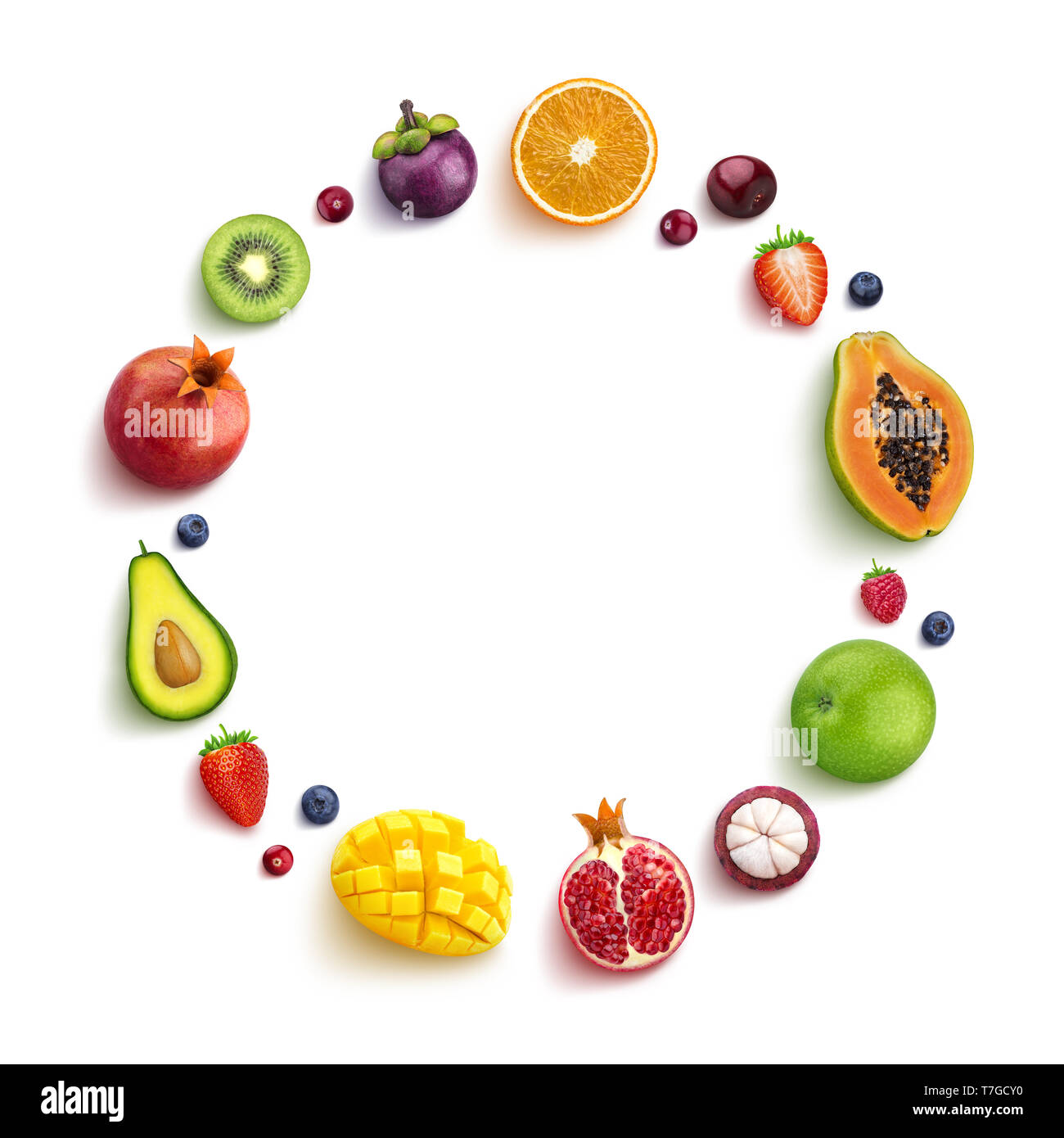 Various fruits and berries isolated on white background, top view ...