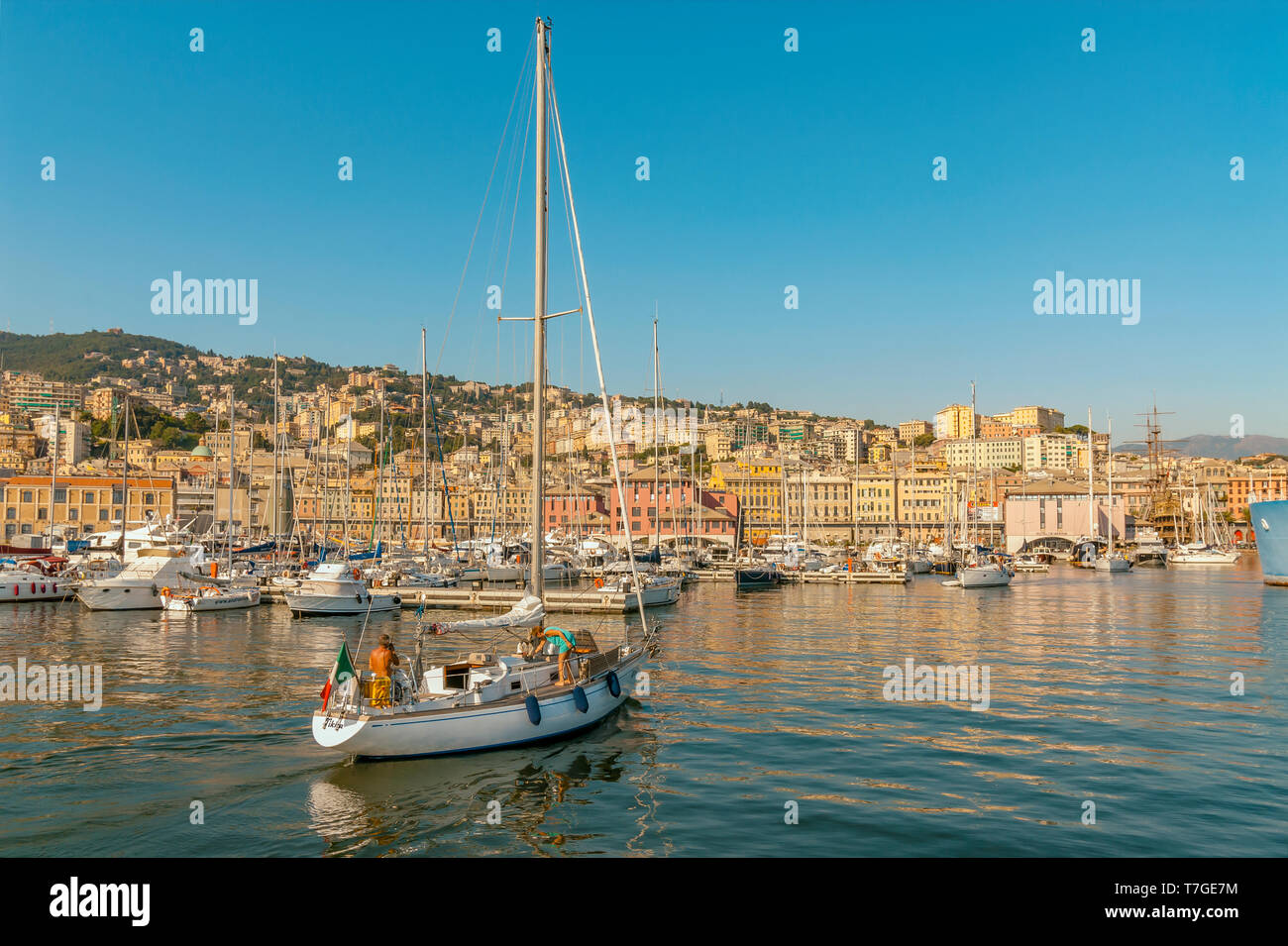 Yachts and sailing ship at Porto Antico harbour of Genoa, Liguria ...