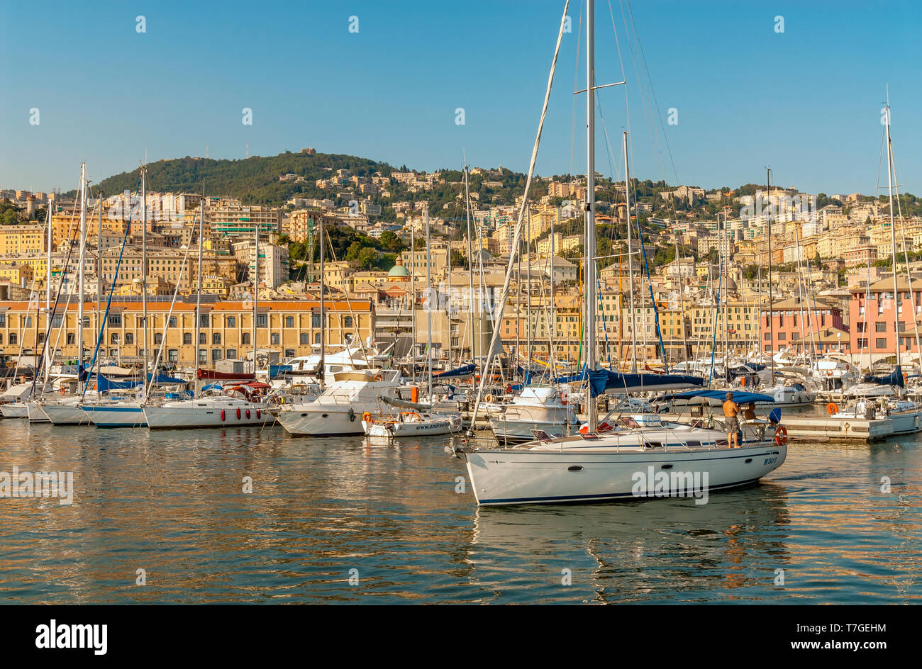 Yachts and sailing ship at Porto Antico harbour of Genoa, Liguria ...