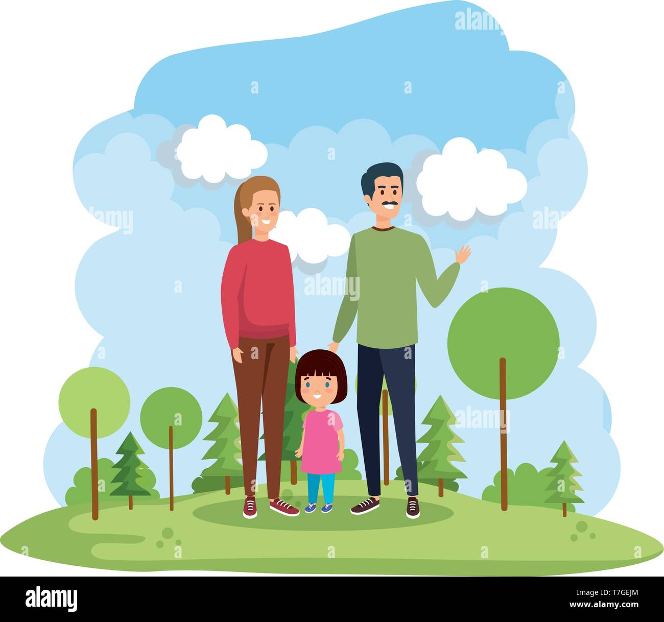 parents couple with daughter in the park scene Stock Vector Image & Art ...
