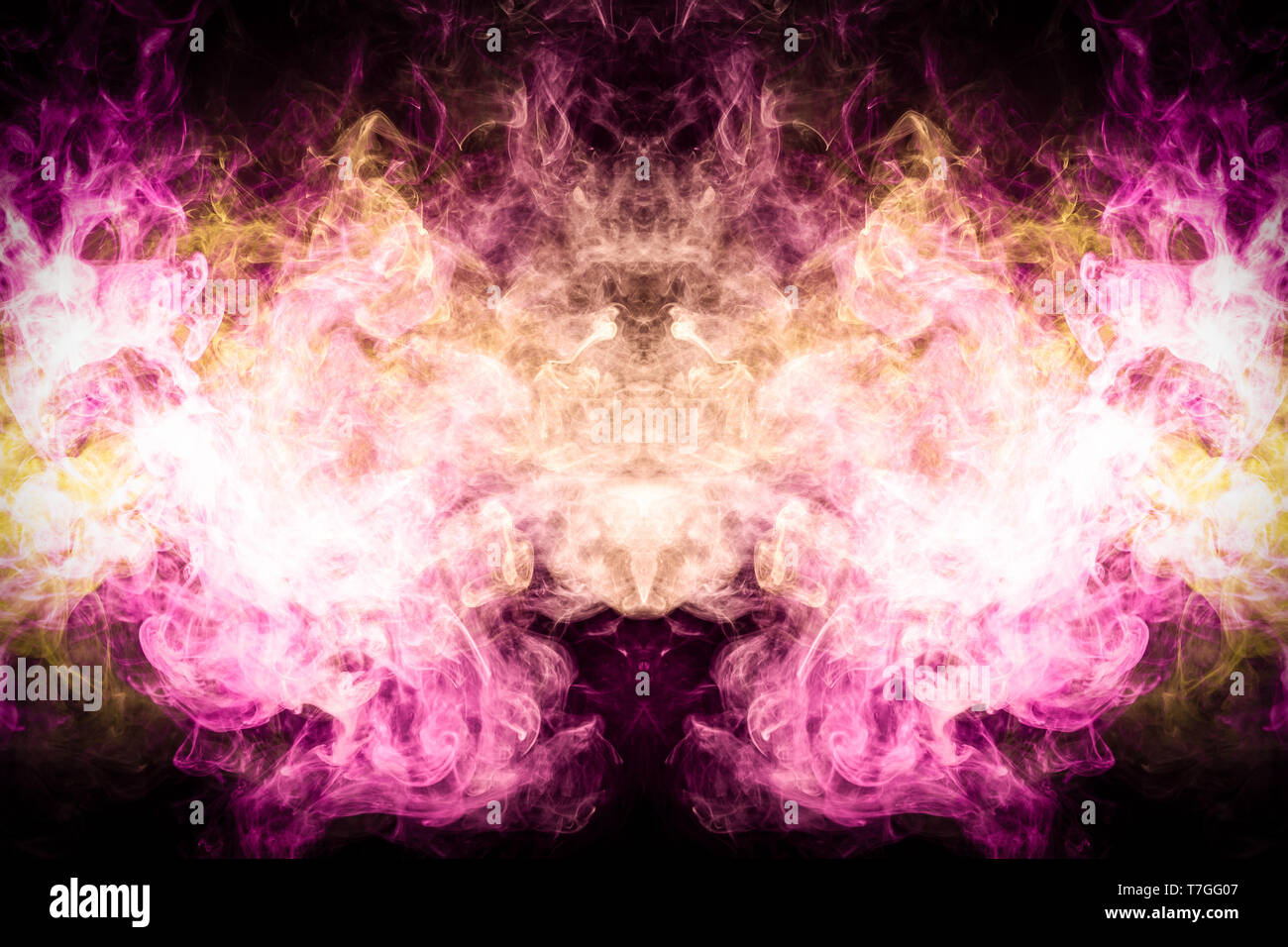 Thick colorful smoke of pink and yellow in the form of a skull, monster ...