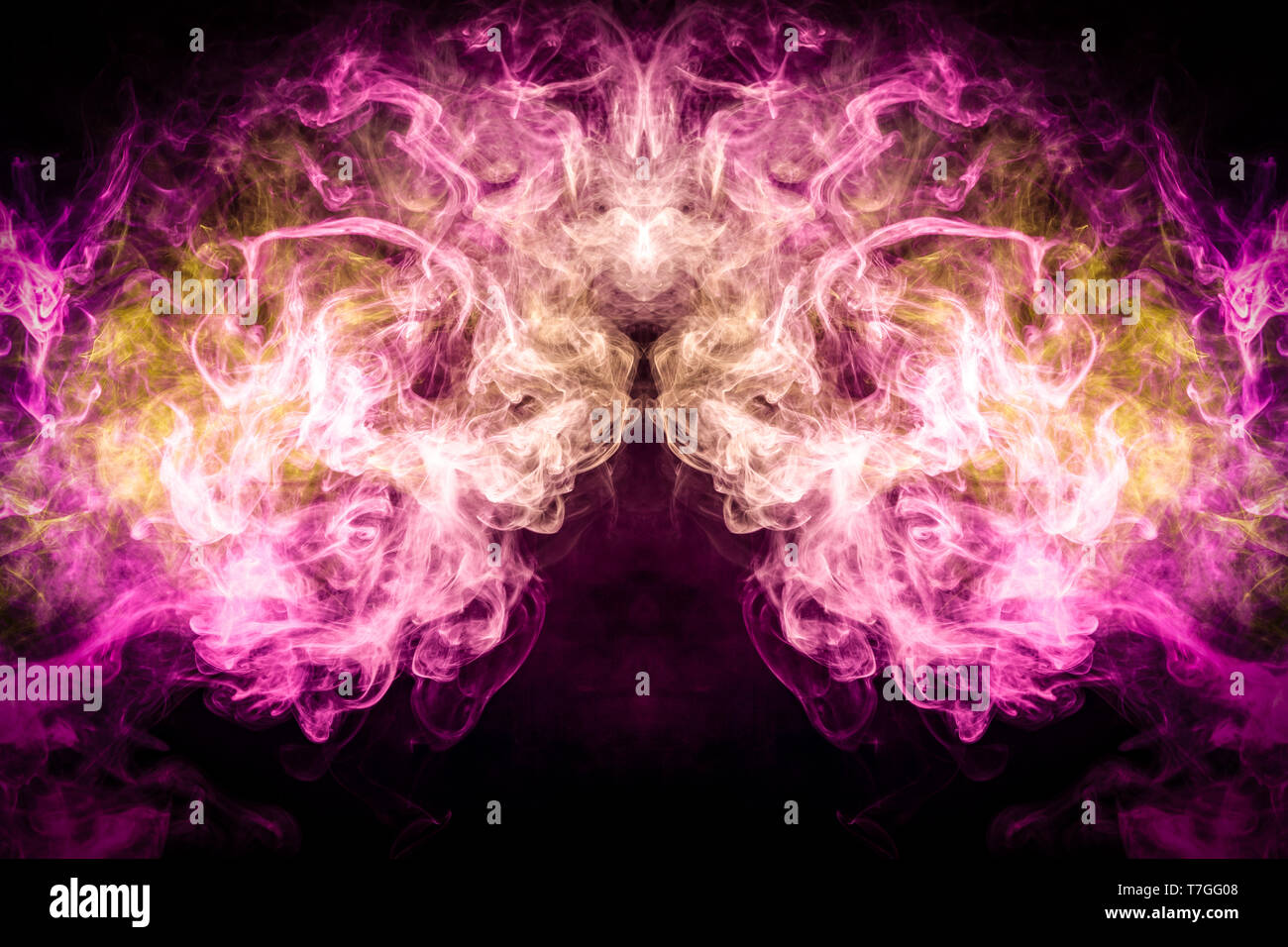 Thick colorful smoke of pink and yellow in the form of a skull, monster ...