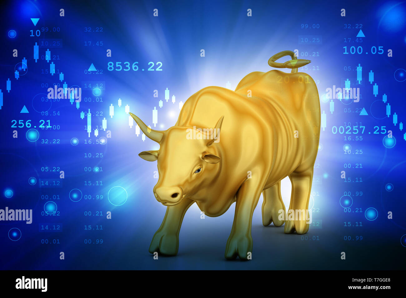 Rising golden business bull in color background Stock Photo - Alamy