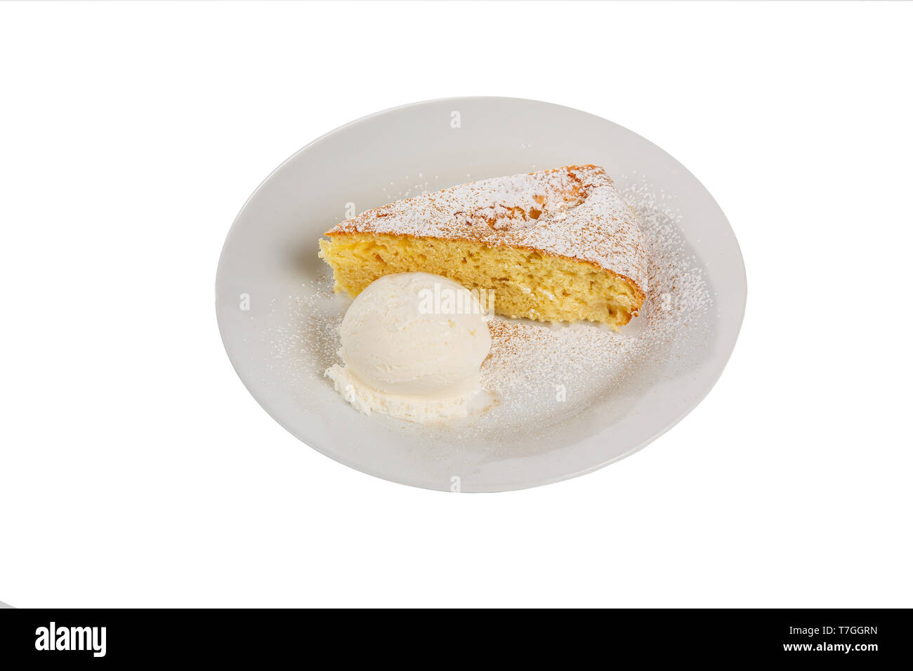 sponge cake, charlotte with vanilla ice cream and icing sugar, served ...