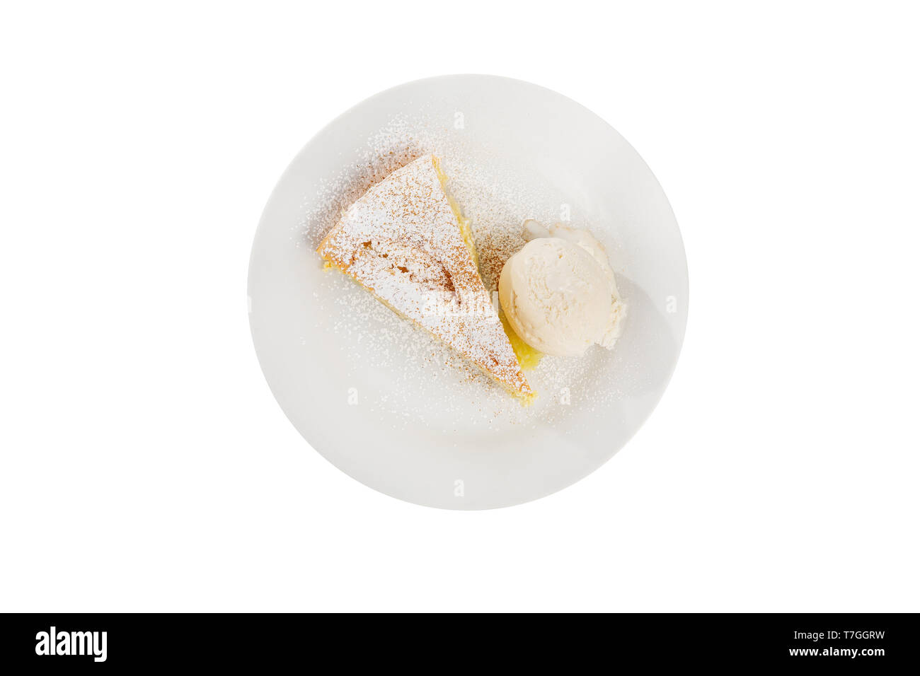sponge cake, charlotte with vanilla ice cream and icing sugar, served ...