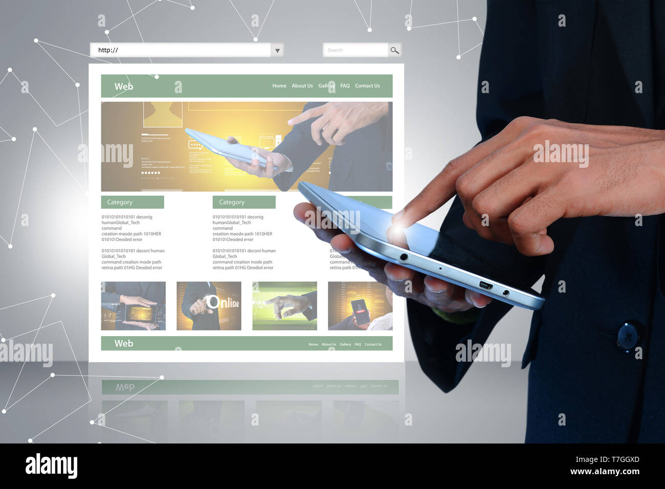 business man is searching and pointing at an internet website Stock ...