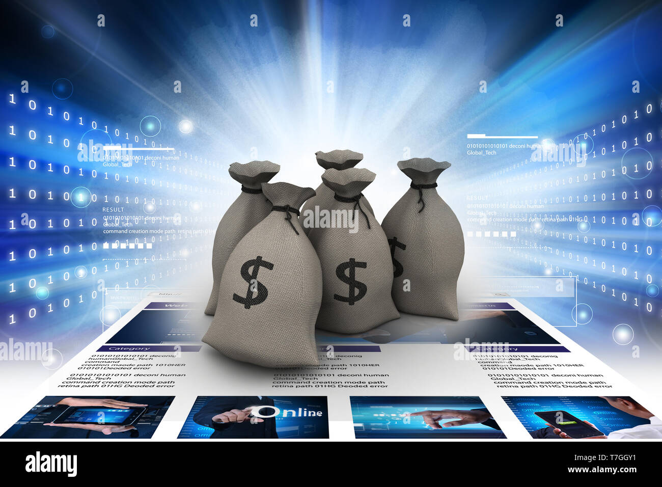 Bundles of money in bags in color background Stock Photo - Alamy