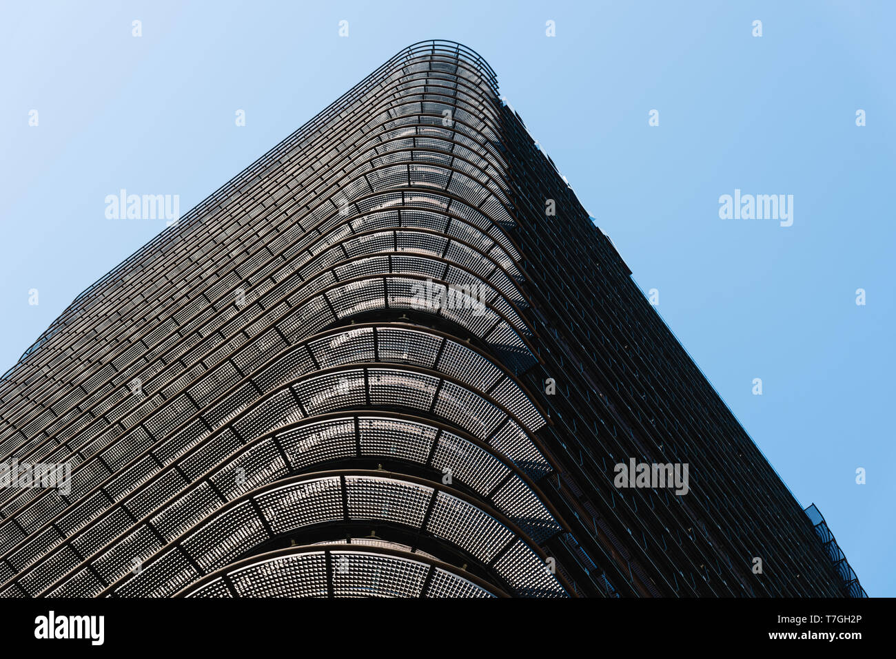 Madrid, Spain - May 1, 2019: Low angle view of Modern skyscraper in ...