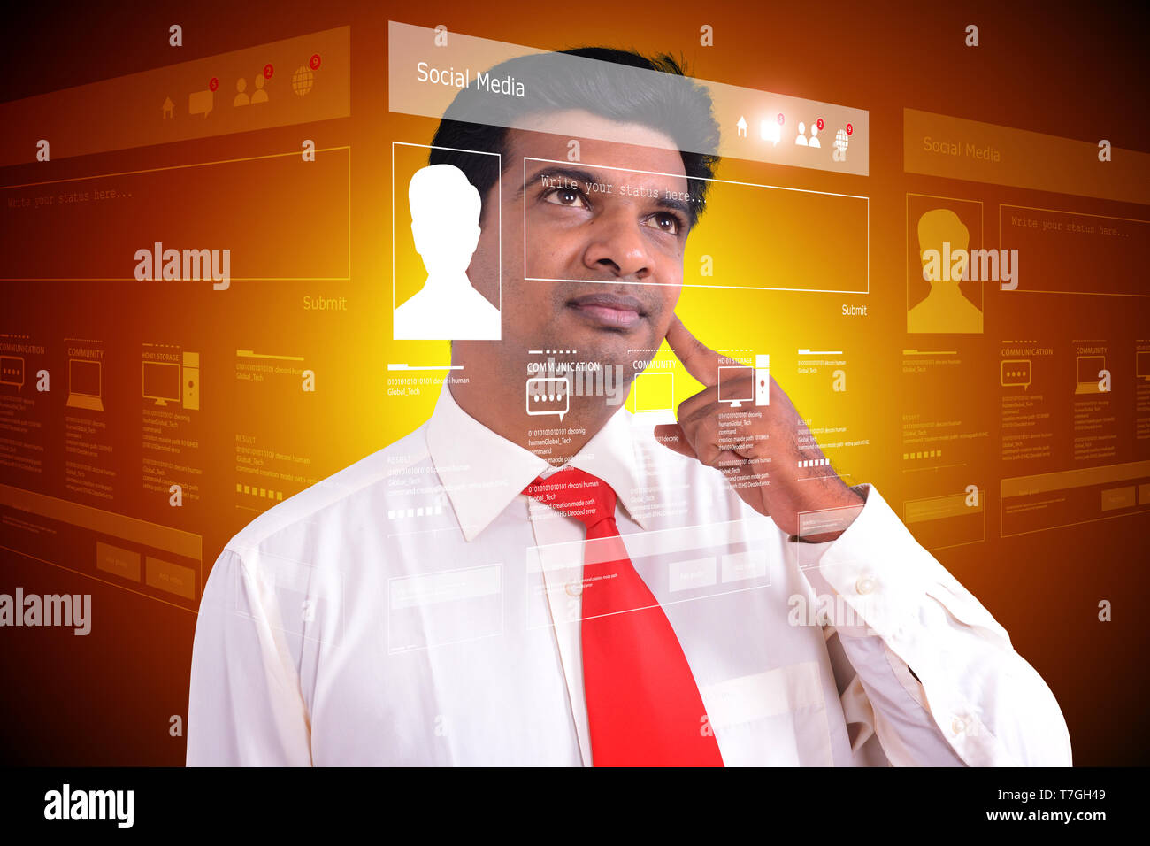 Man thinking networking with virtual display Stock Photo - Alamy