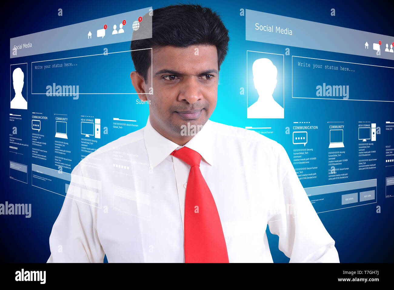 Man thinking networking with virtual display Stock Photo - Alamy