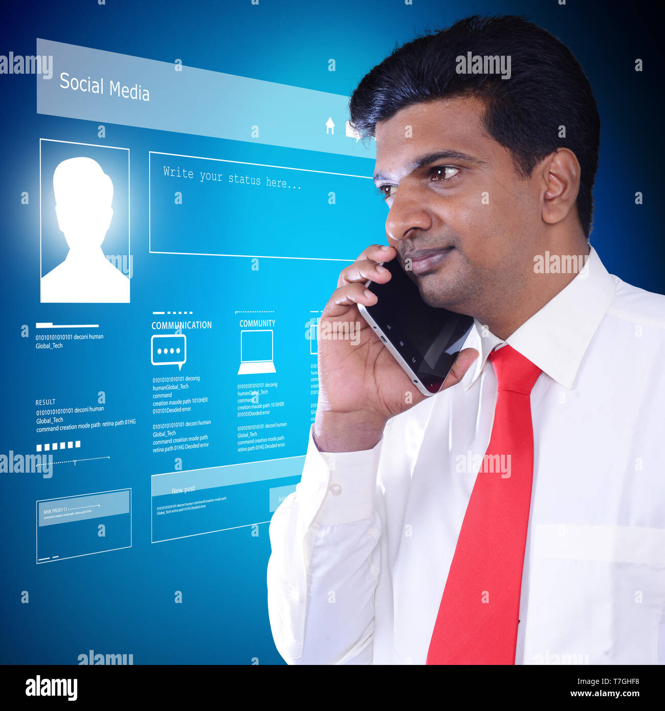 Man thinking networking with virtual display Stock Photo - Alamy