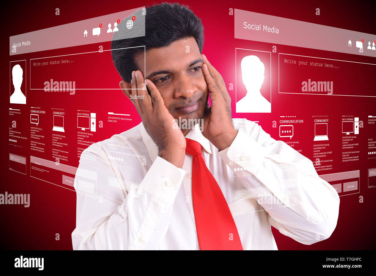 Man thinking networking with virtual display Stock Photo - Alamy