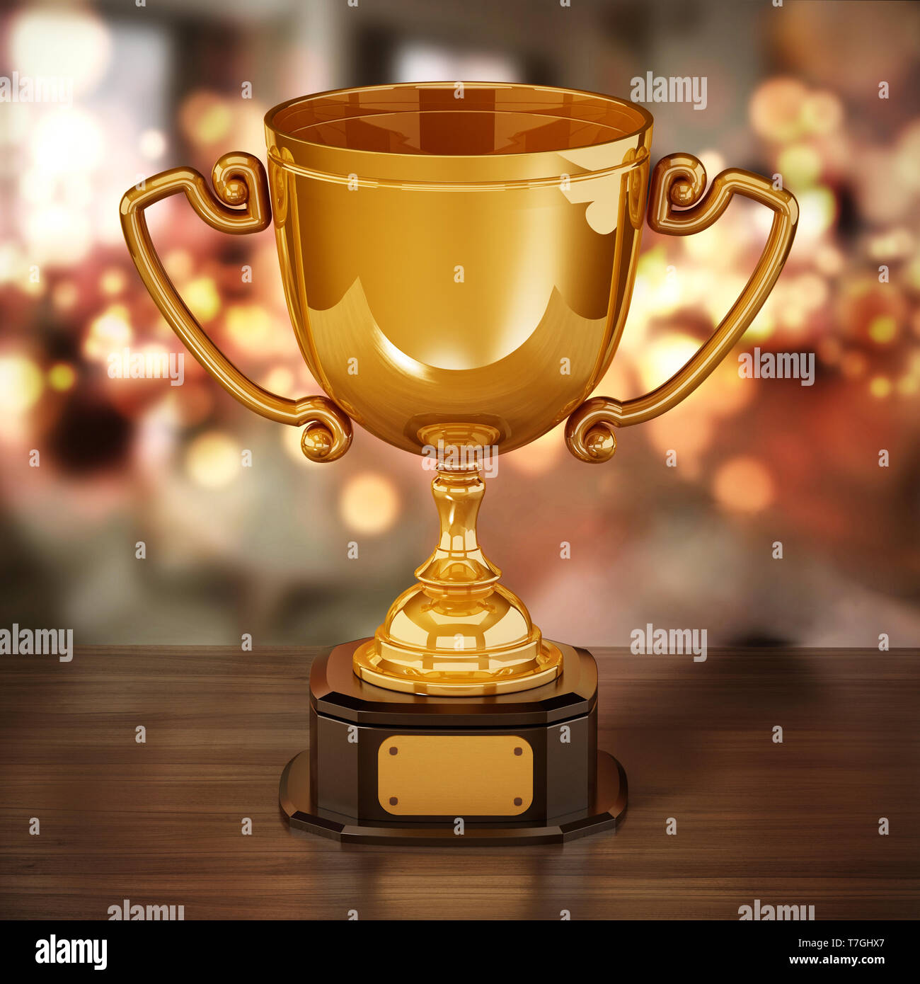 Gold cup standing on wooden table against bokeh background. 3D ...