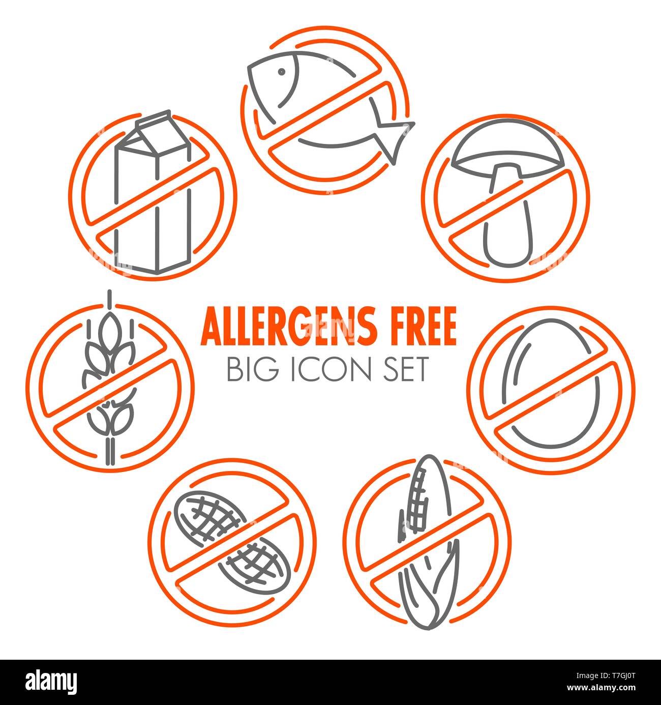 Vector icons set for allergens free products (milk, fish, egg, gluten ...