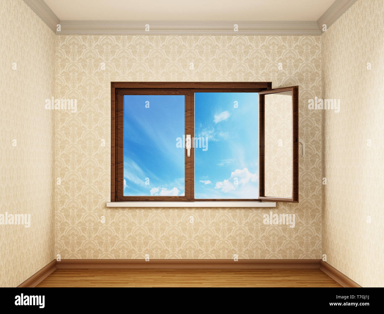 Half open windows inside an empty room opening to blue sky. 3D ...