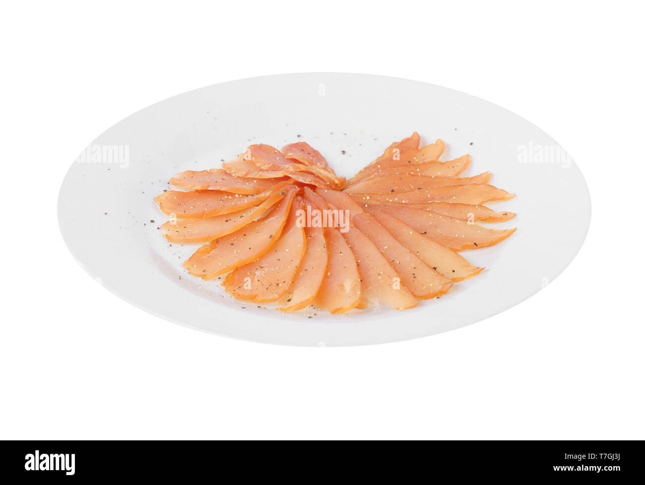 Cold appetizer before alcohol, food, chicken carpaccio on plate, white ...