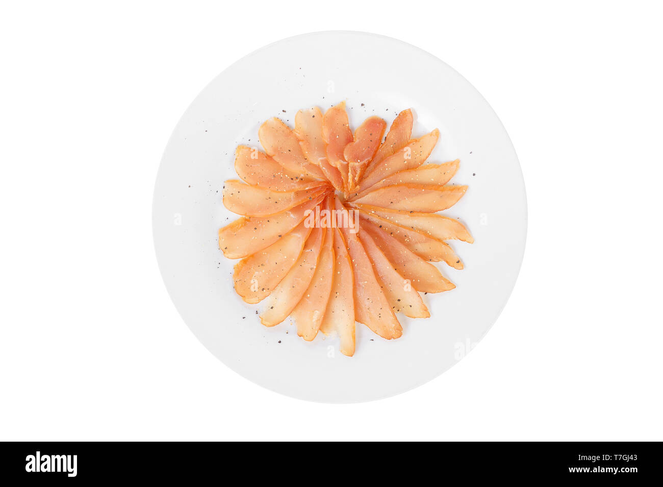 Cold appetizer before alcohol, food chicken carpaccio on plate, white ...