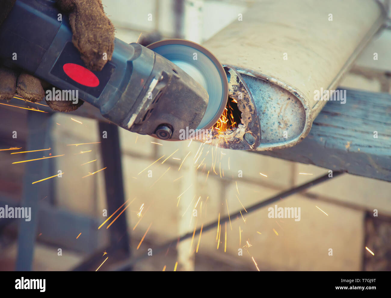 cut metal repair machine muffler. Selective focus. nature Stock Photo ...