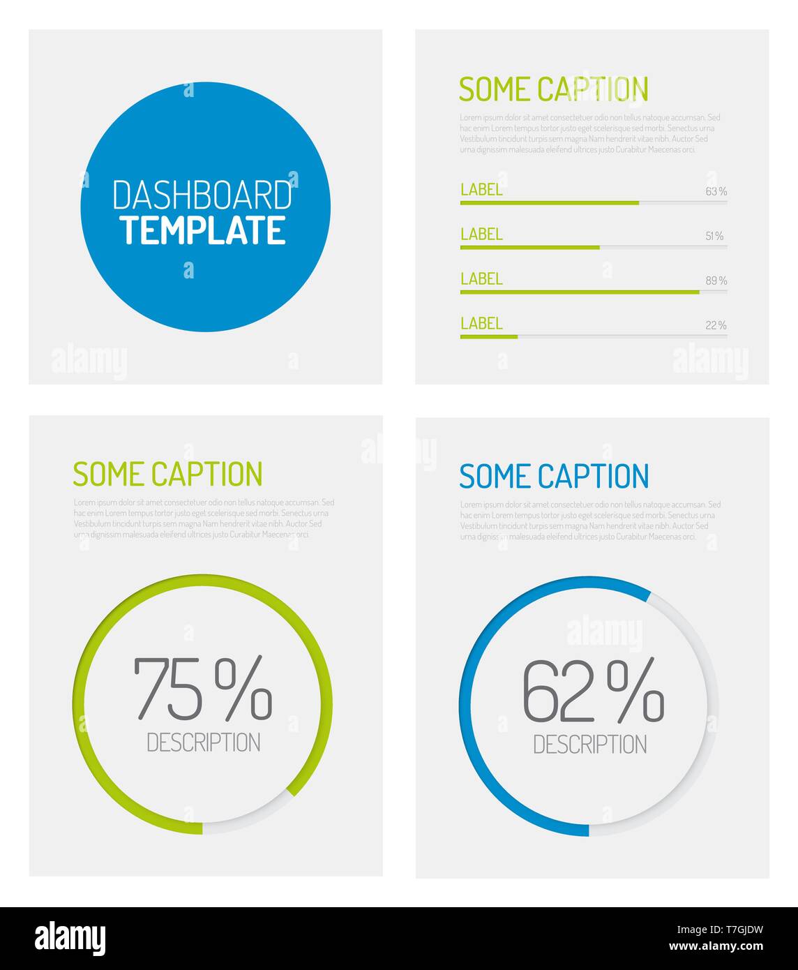 Simple Infographic Dashboard Template With Flat Design Graphs And Charts Green And Blue