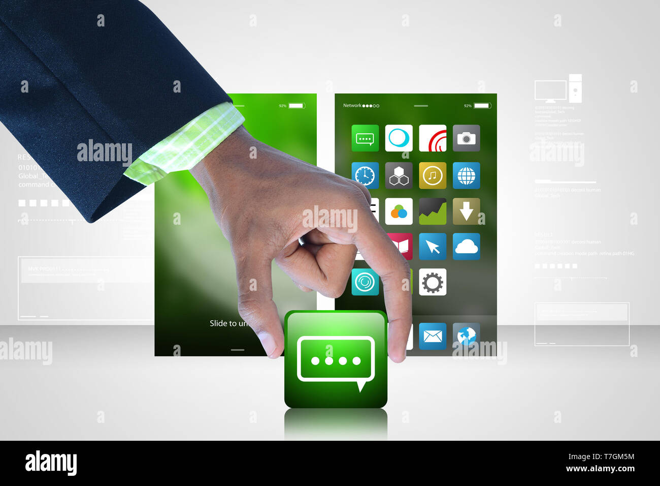 Man showing app icons with chat bubble Stock Photo - Alamy