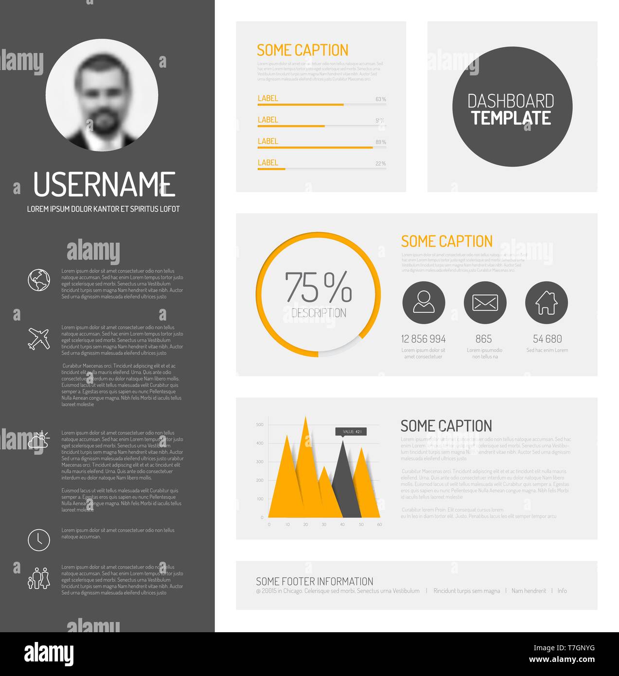 Simple profile dashboard template with flat design graphs and charts ...