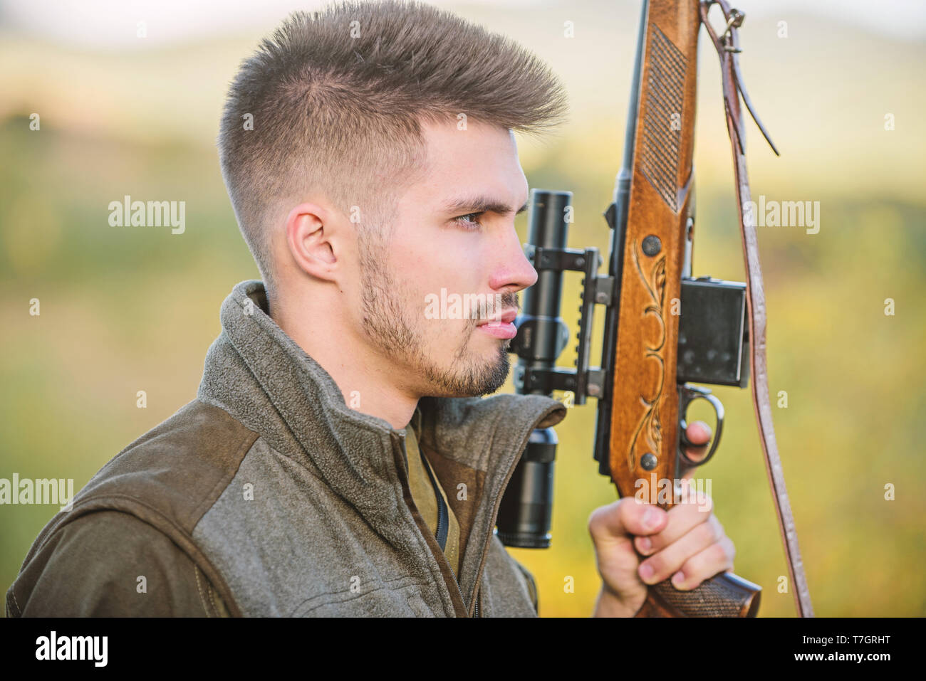 Hunting masculine hobby concept. Man brutal gamekeeper nature ...