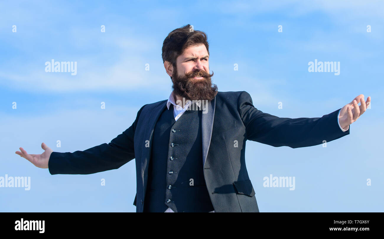 Man bearded proud himself sky background. Superiority and power ...