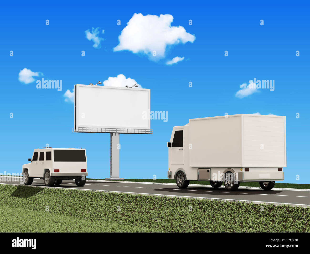 Delivery Van and SUV Car on the Asphalted Road with Blank Billboard ...