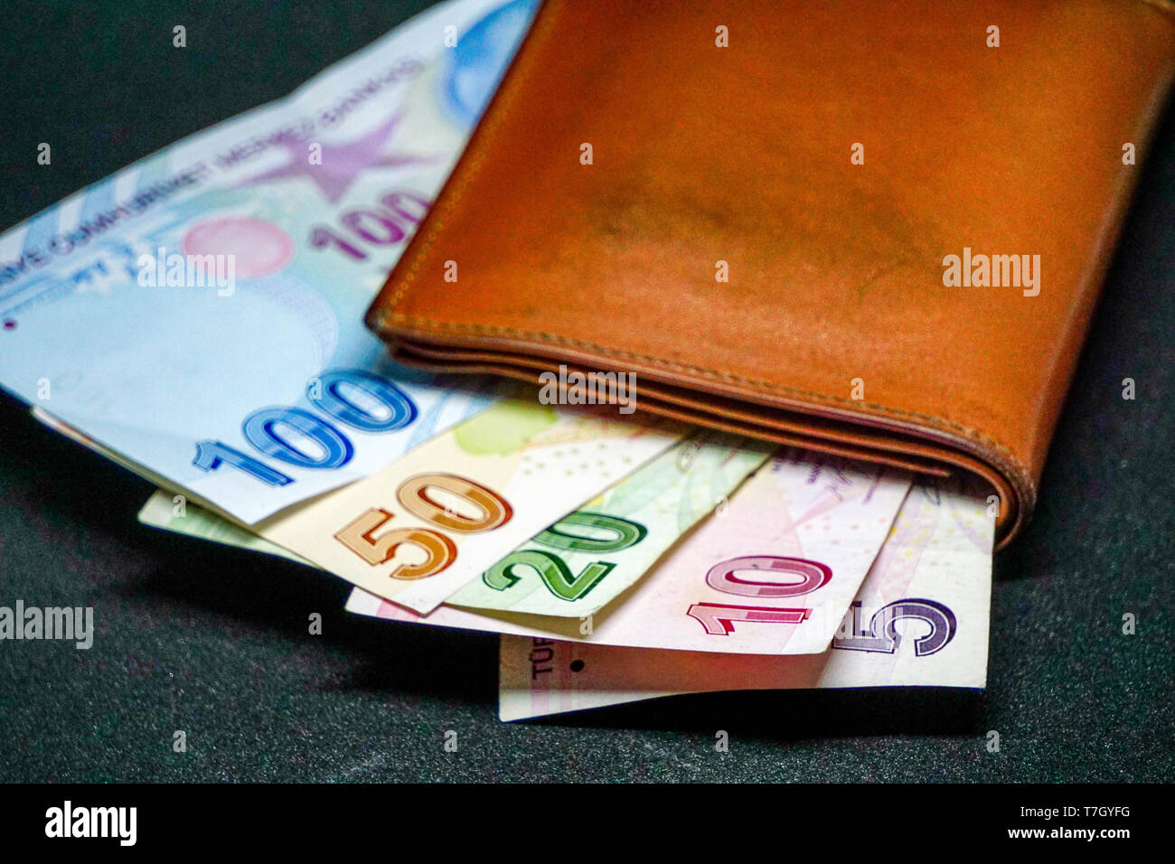 Turkish lira banknotes calculator bills and tax calculations on ...