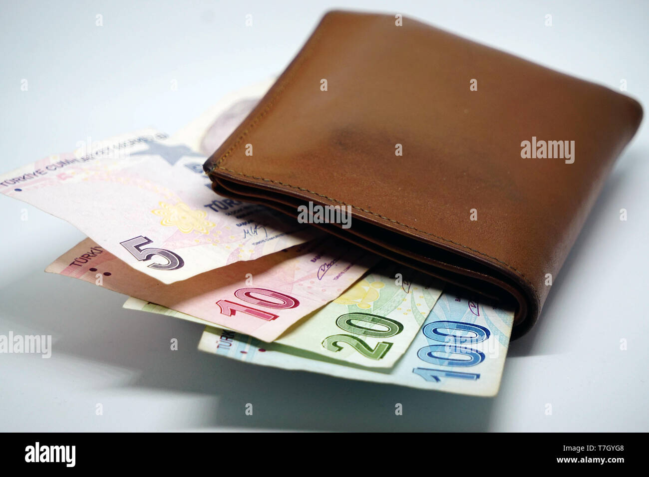 Turkish lira banknotes calculator bills and tax calculations on ...