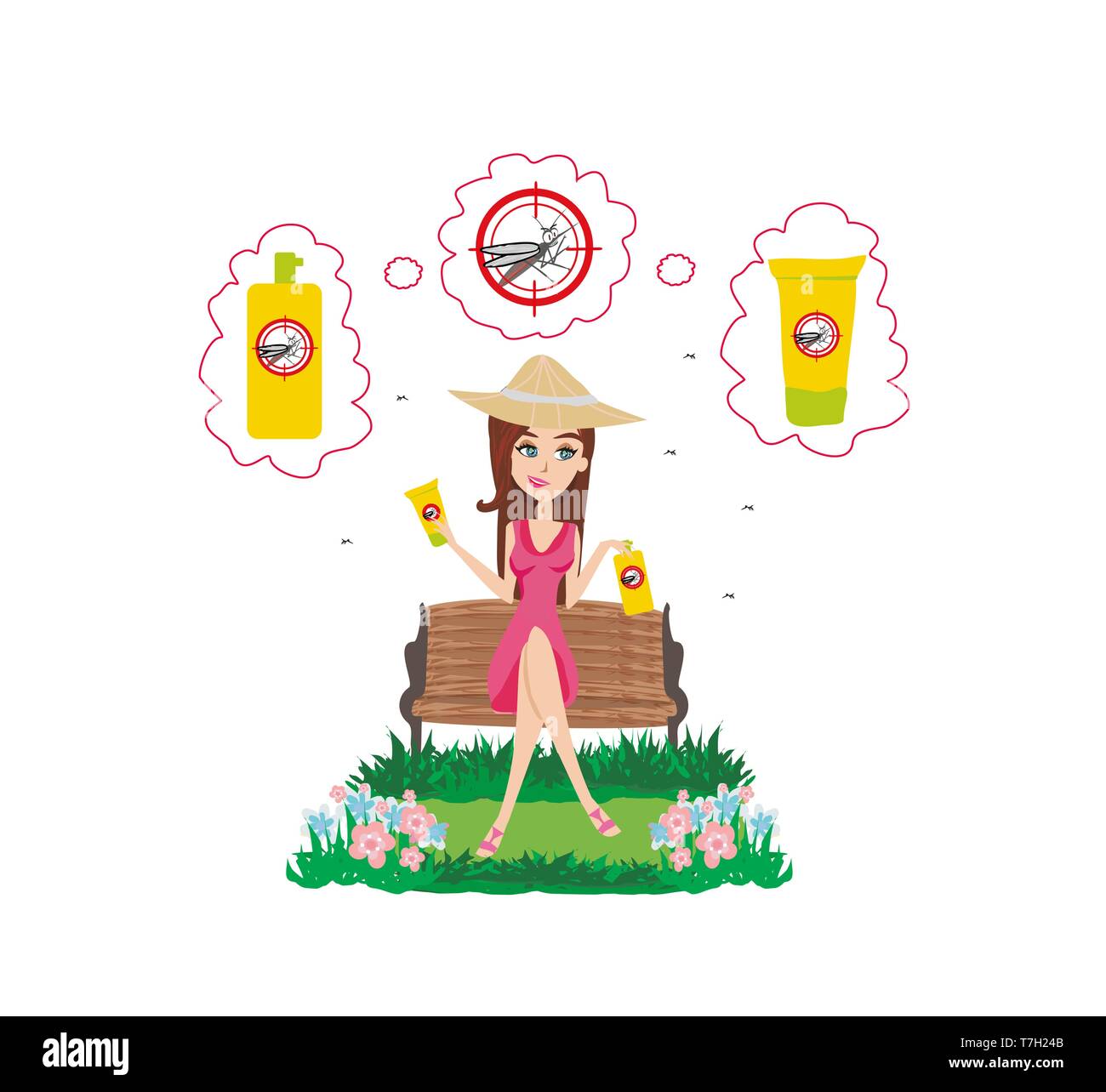 beautiful girl using insect repellent spray and ointment Stock Vector ...