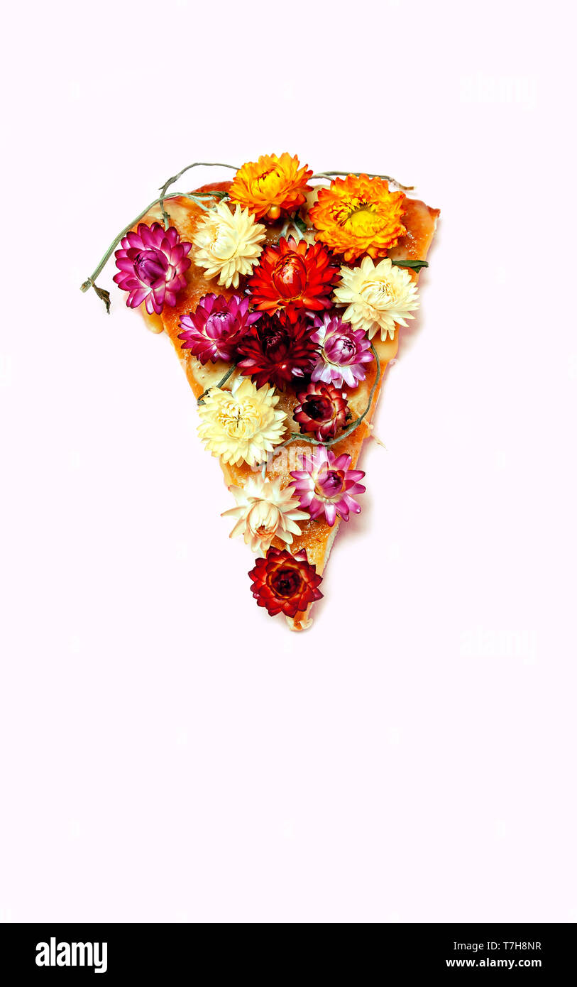 Slice of pizza on a white background with spring flowers. Piece of ...