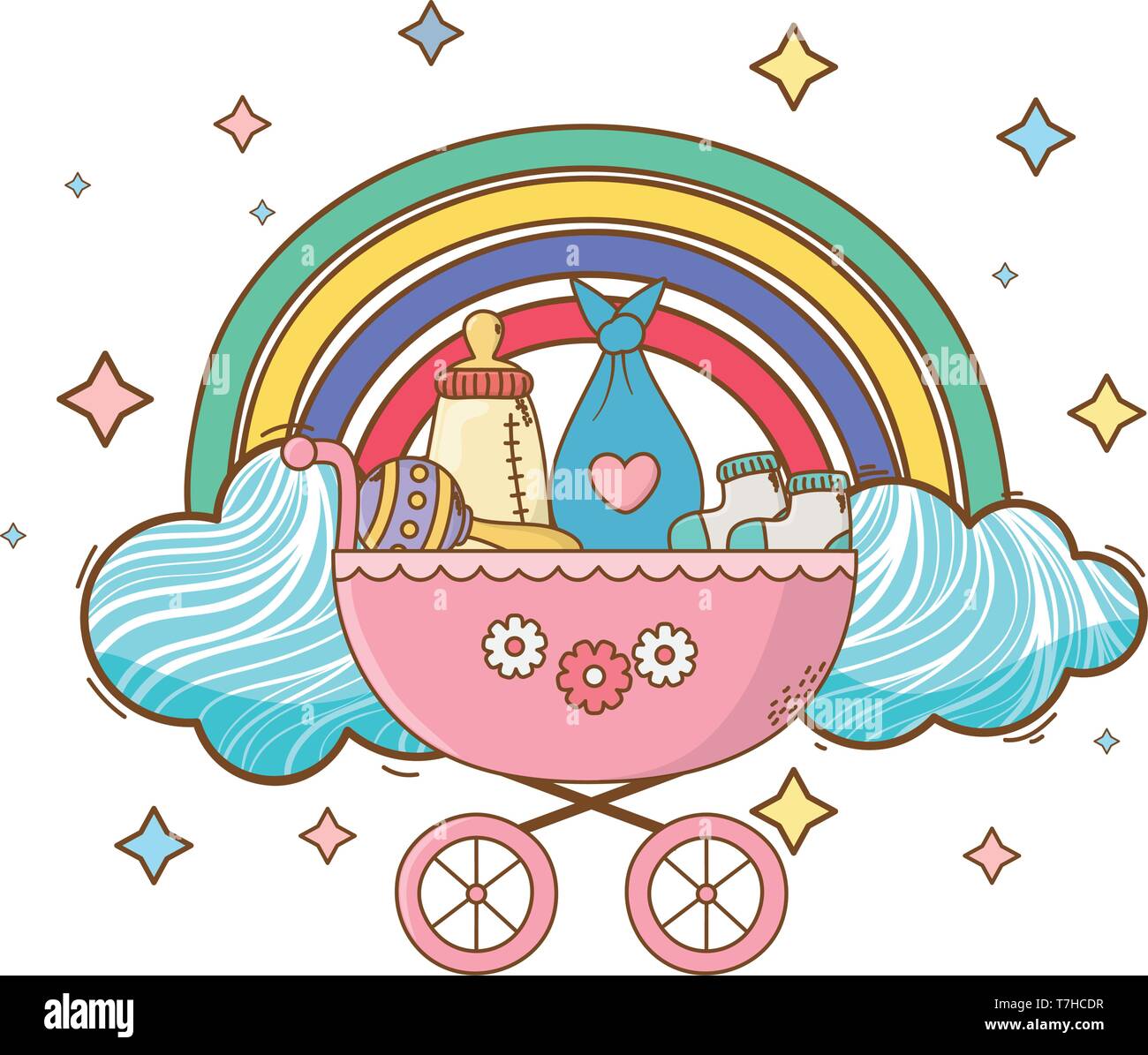 baby shower pram with maraca, bottle, bag and socks between clouds ...