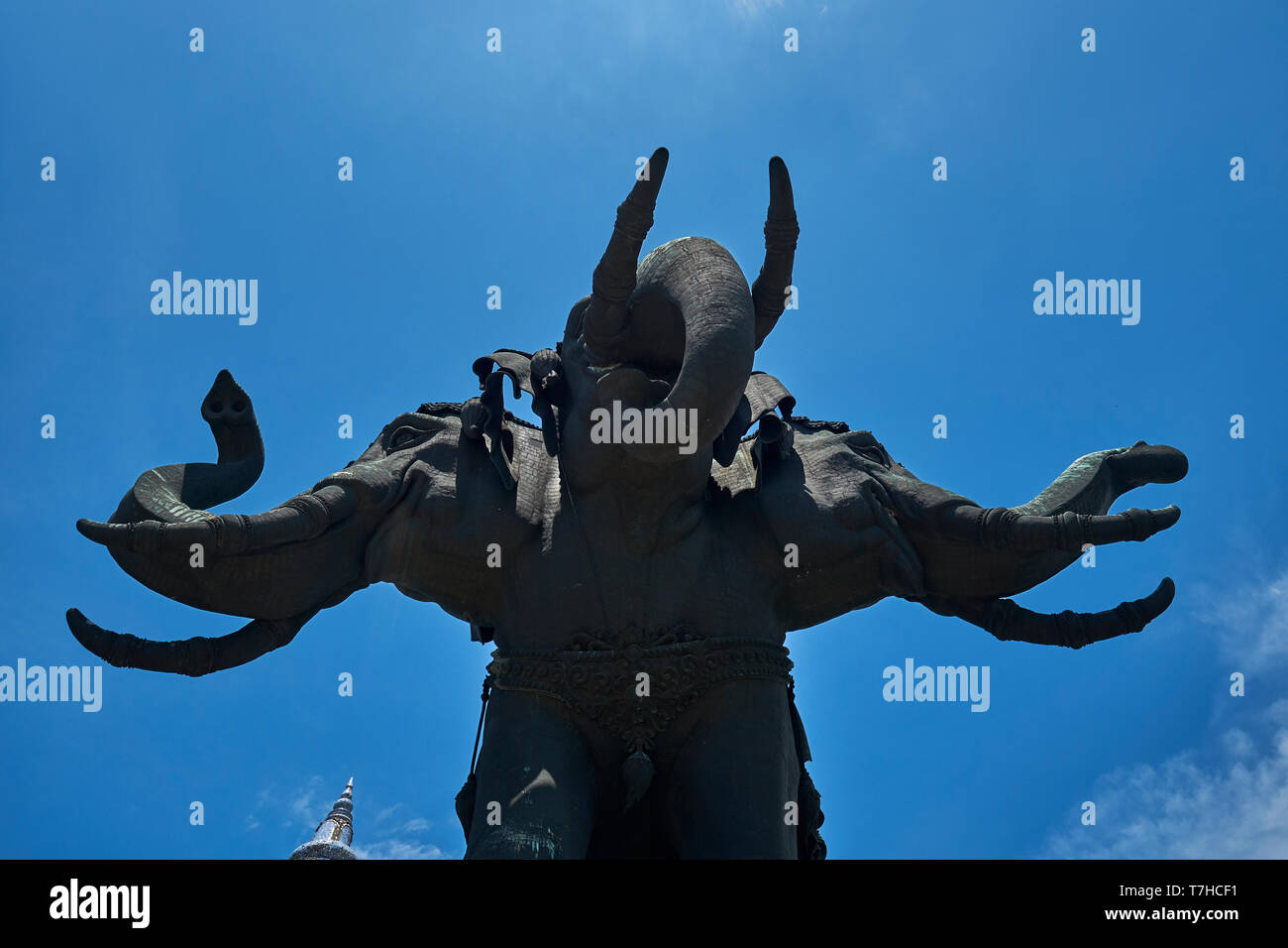 The main bronze three headed elephant statue at the Erawan museum in ...