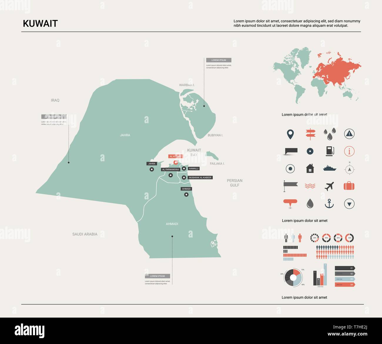Vector map of Kuwait. High detailed country map with division, cities ...
