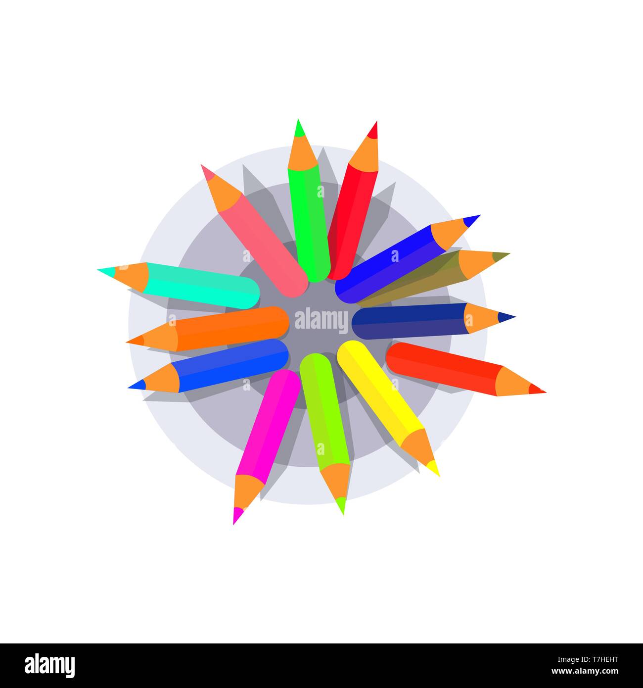 Pen holder with colorful pencils top view. Vector flat illustration ...