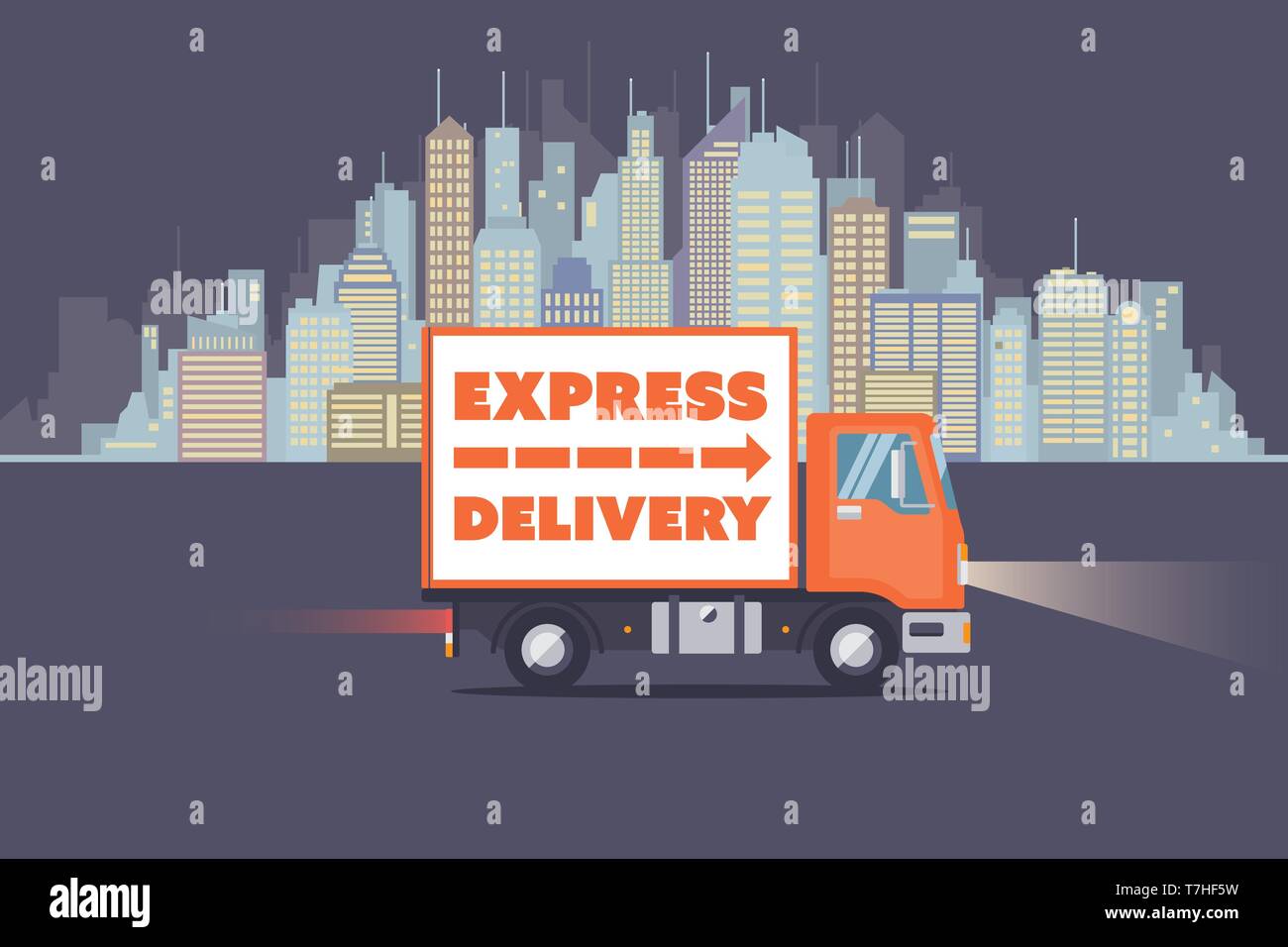 Overnight express delivery truck driving along city skyline flat design ...