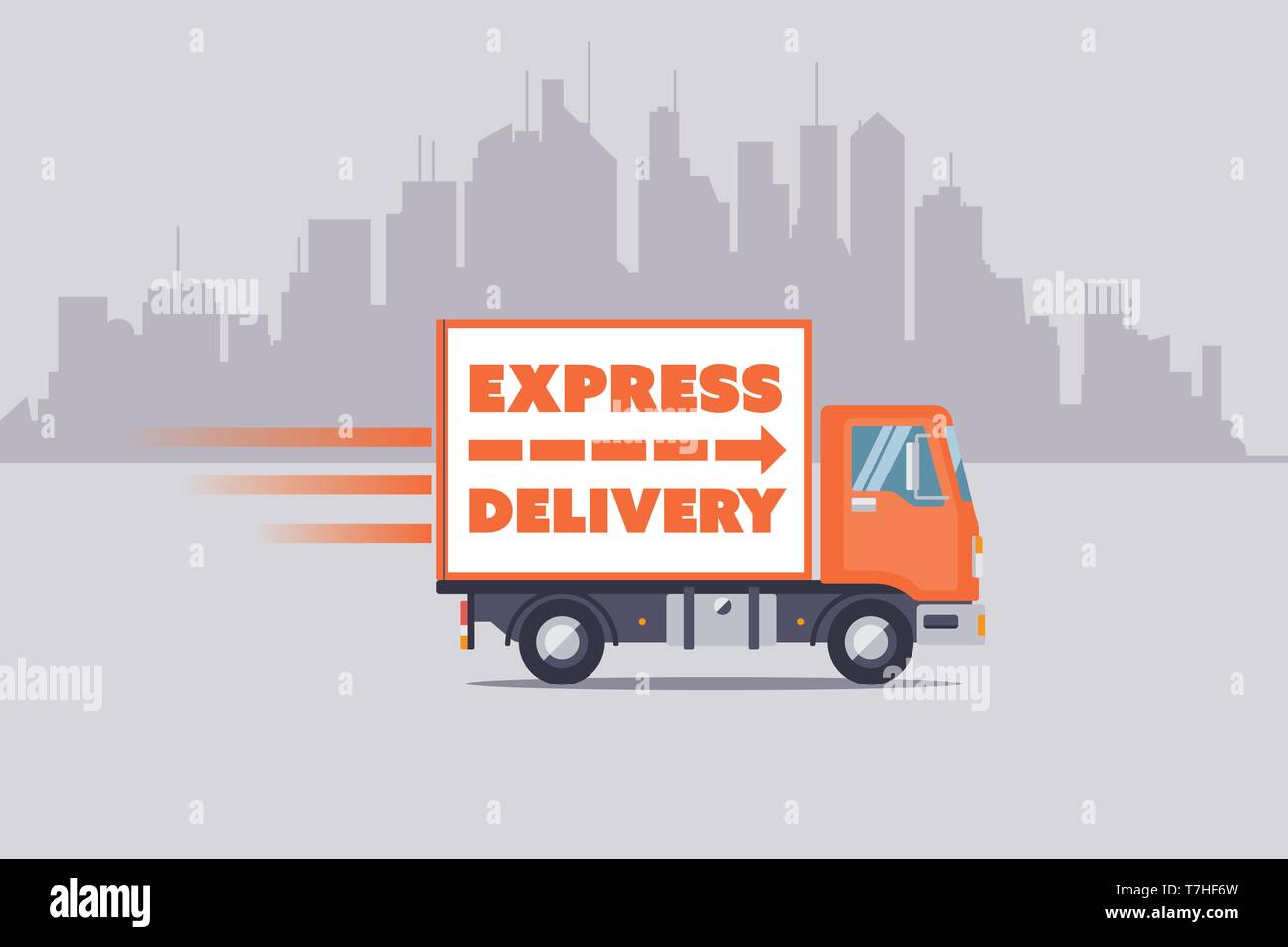 Express delivery truck driving along city skyline flat design vector ...