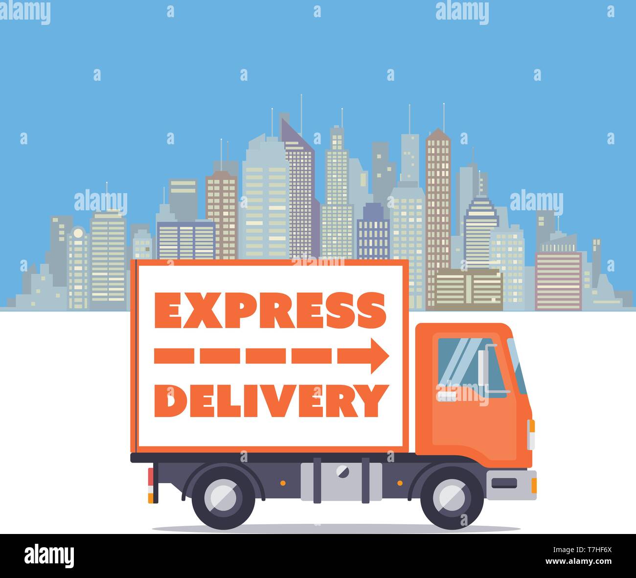 Express delivery truck in front of city skyline flat design vector ...