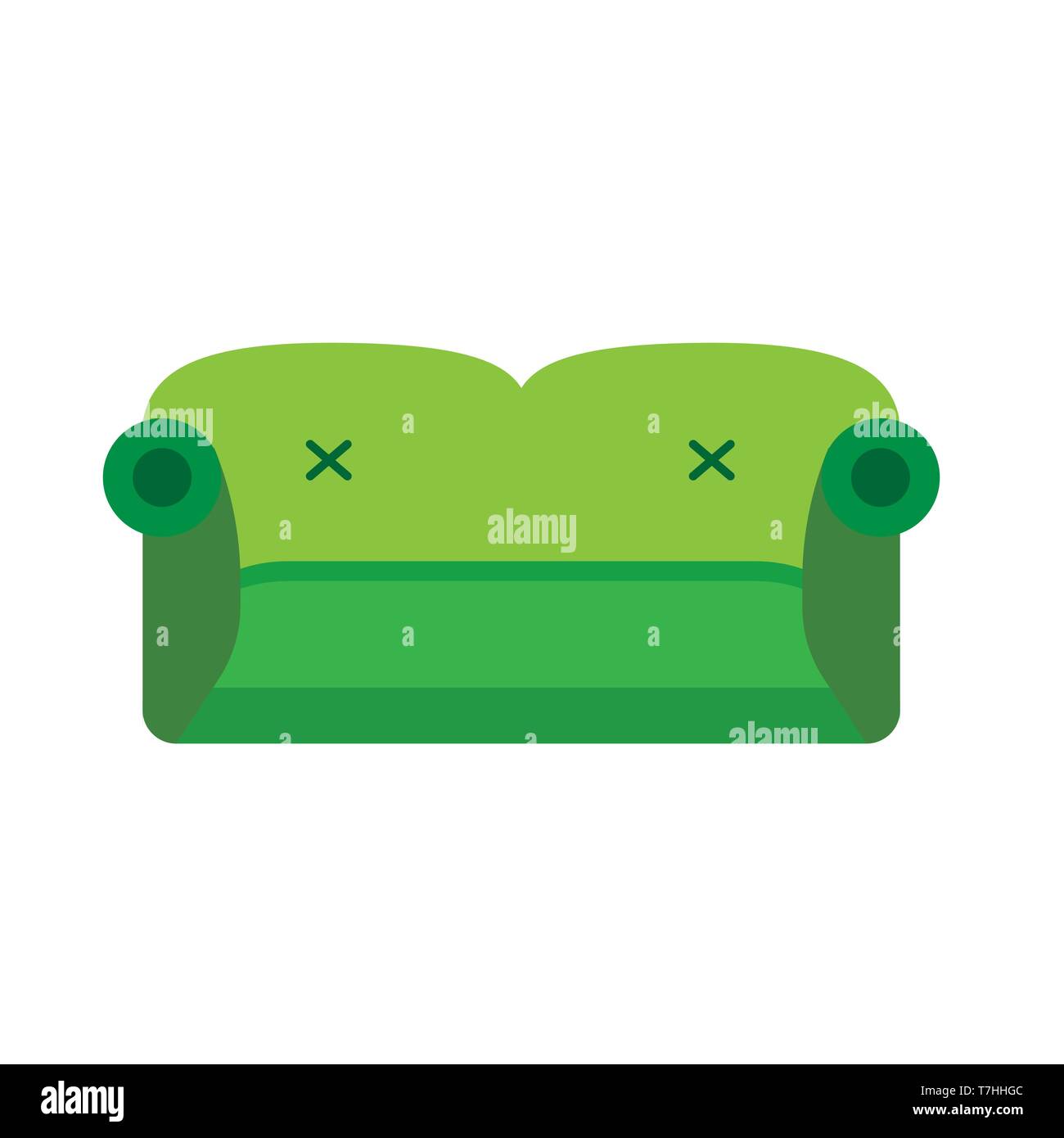 Sofa green front view vector flat icon. Comfortable room couch ...