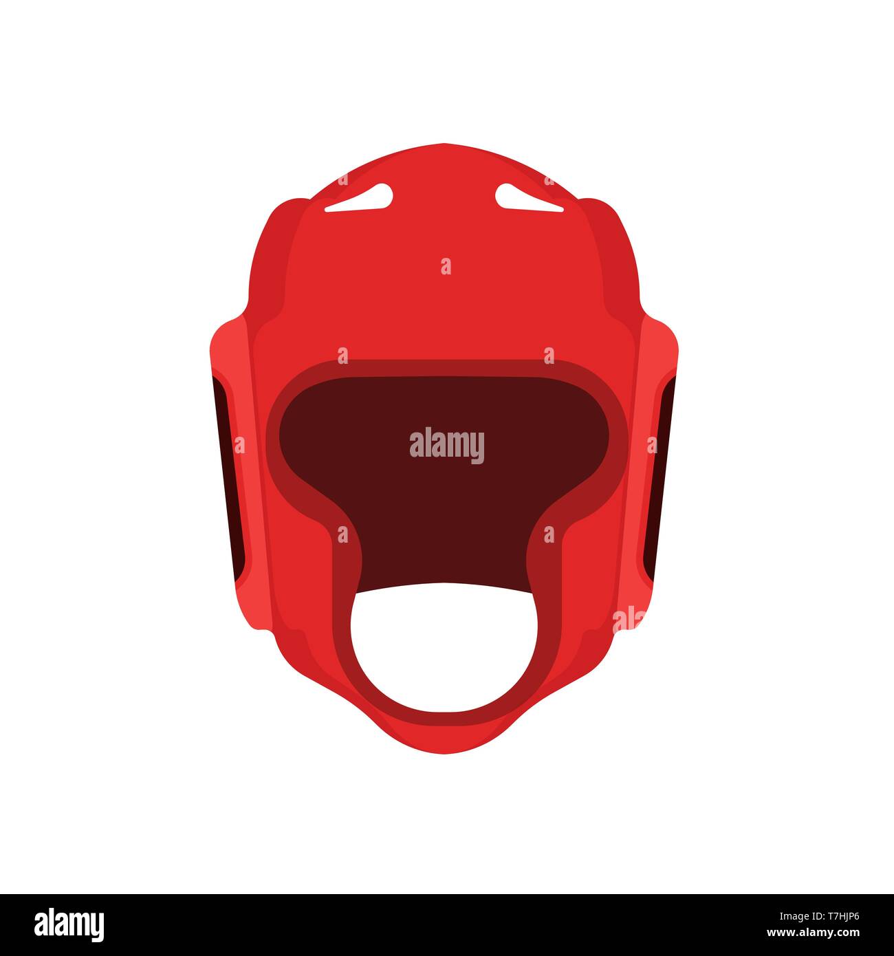 Boxing helmet flat symbol front view pictogram. Protection red gym hat ...