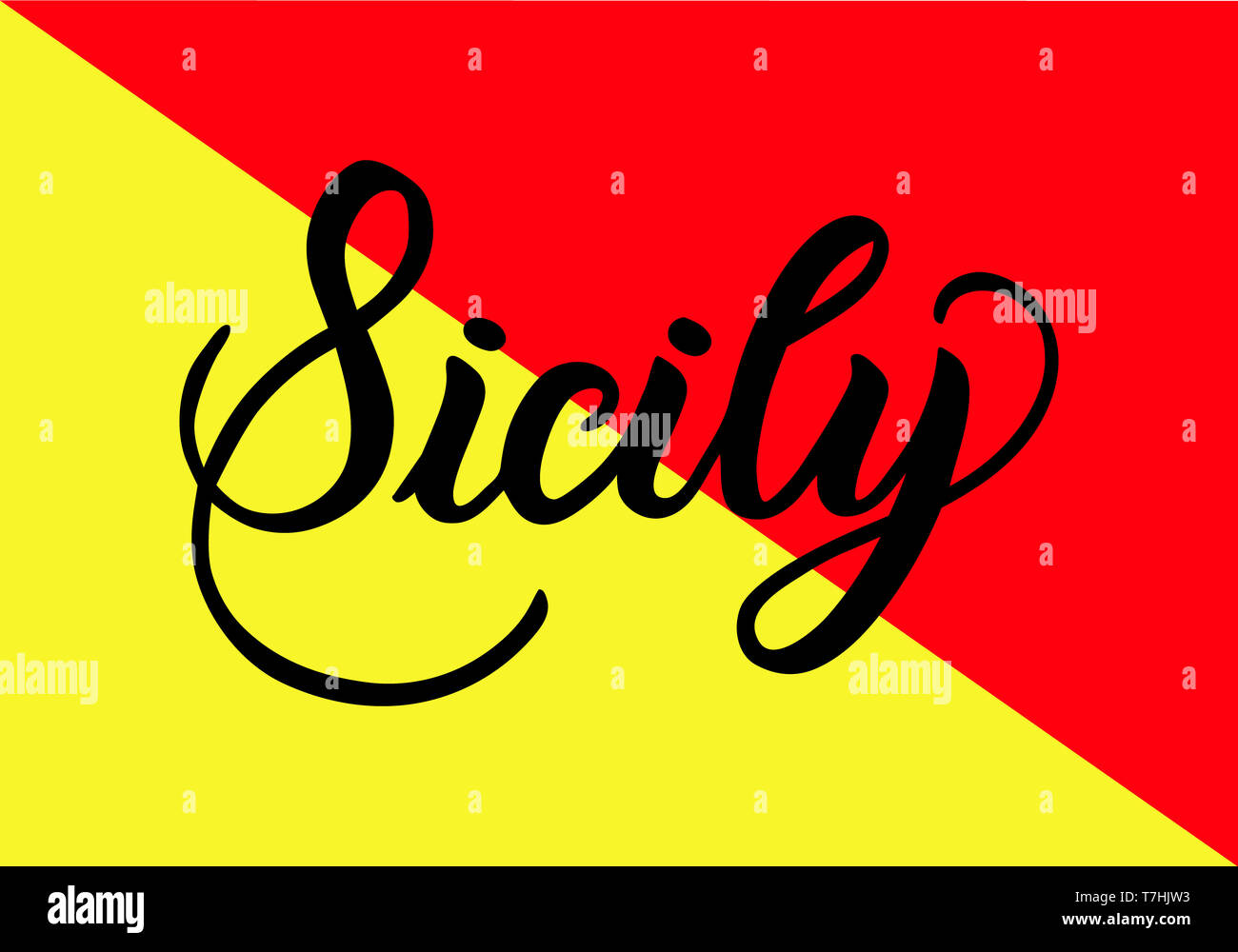 Handwritten inscription Sicily and colors of the sicilian flag. Hand ...
