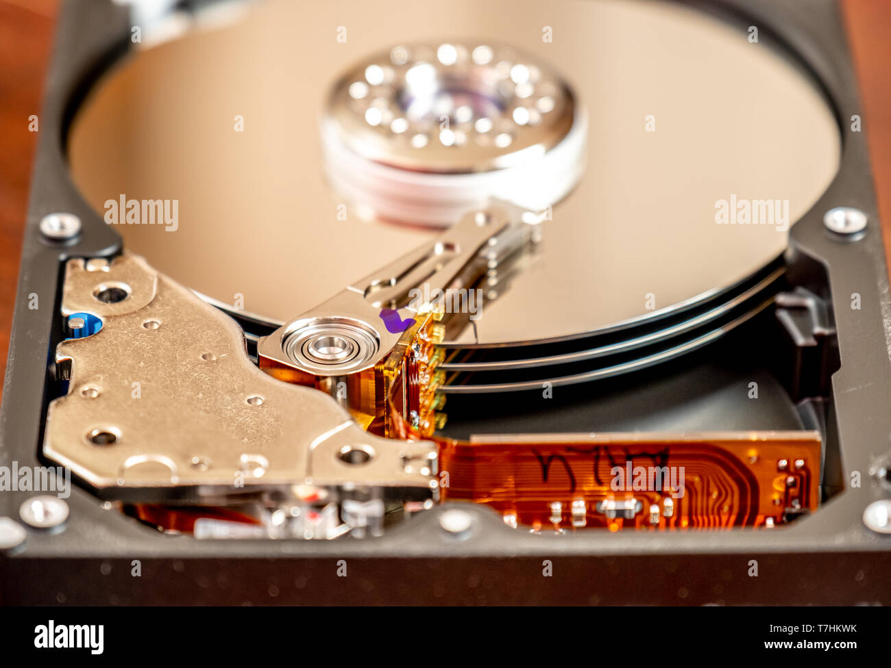 Close-up of an operating computer harddisk reading and writing data ...