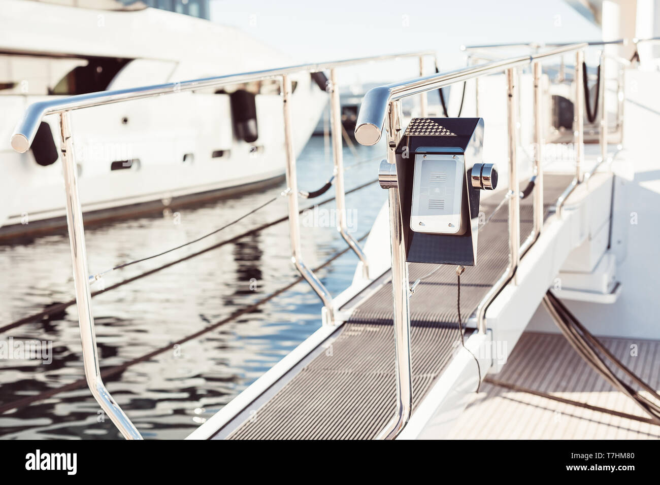 Bridge of private luxury ship with modern intercom system on entry in ...