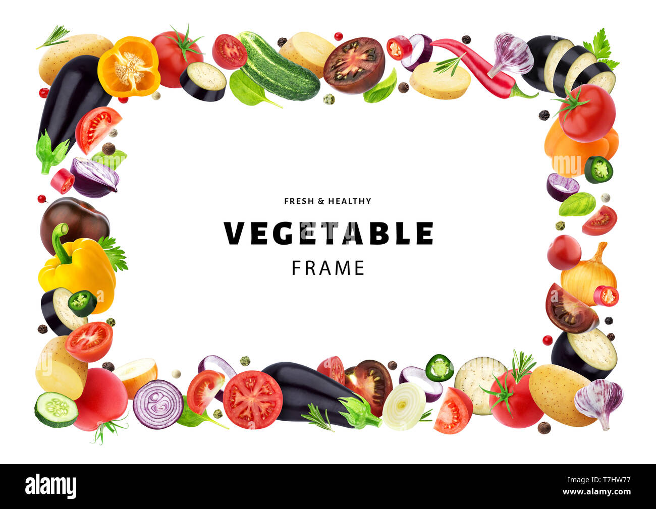 Vegetable isolated on white background, frame made of different flying ...