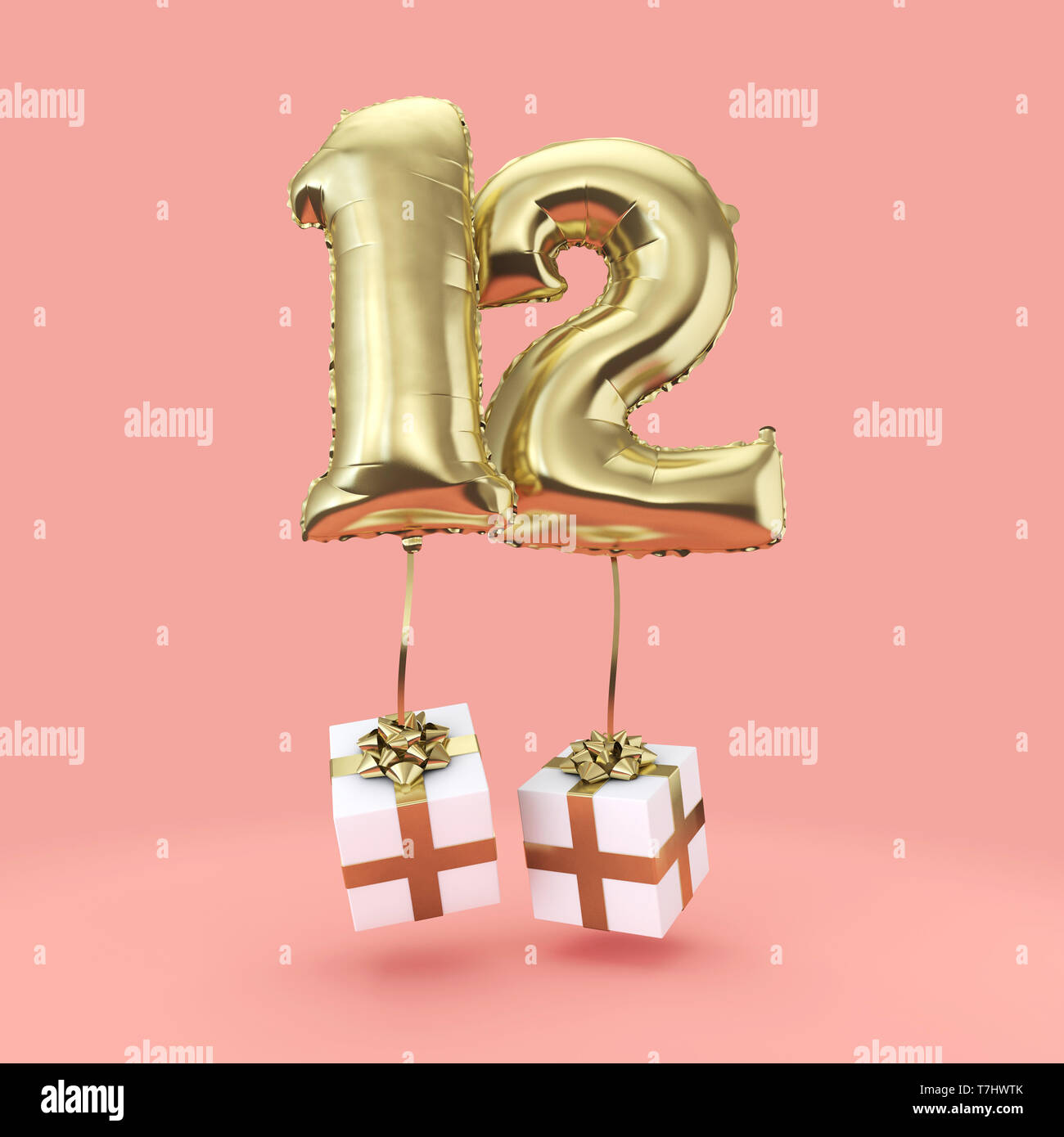 Number 12 birthday celebration gold foil helium balloon with presents ...